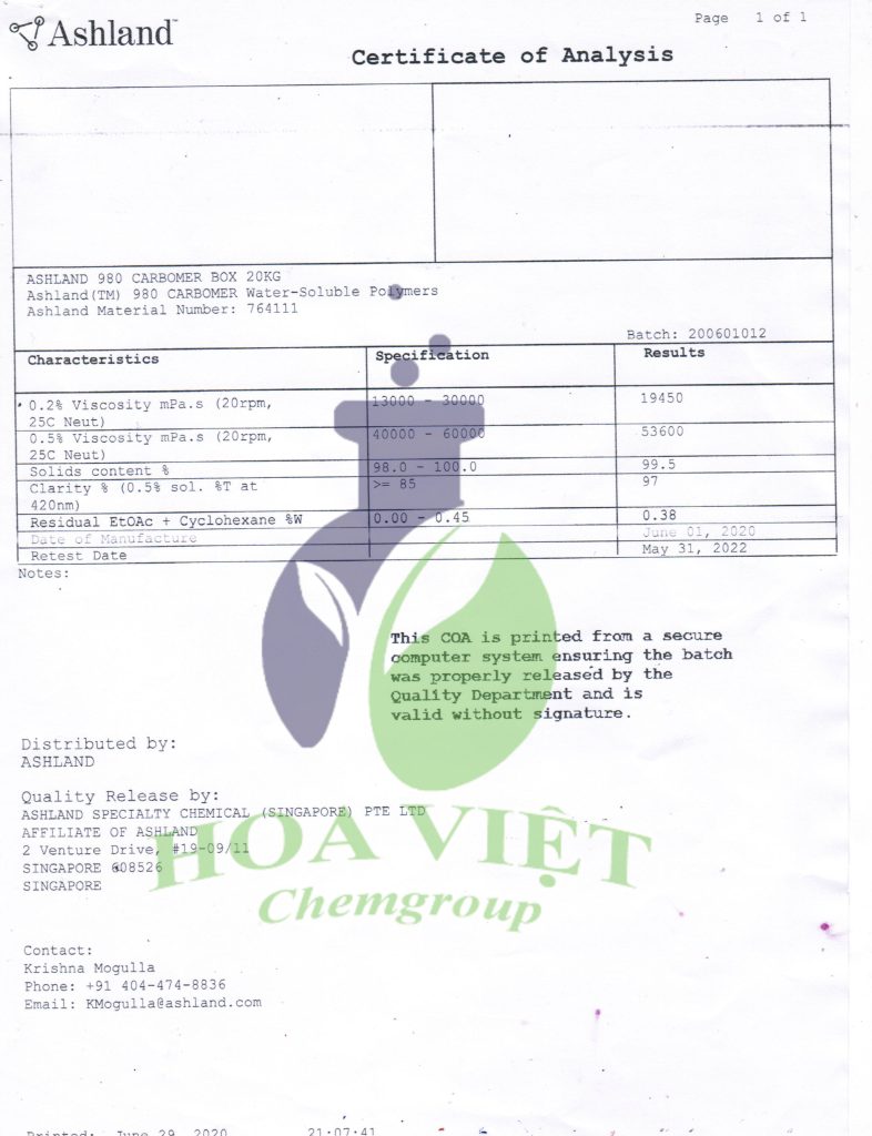 CARBOMER 980 chất tạo đặc-tạo gel dùng trong mỹ phẩm – CÔNG TY TNHH HOA VIỆT CHEMGROUP
