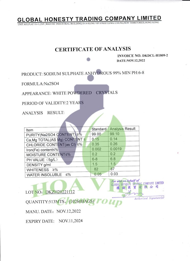 Sodium Sulfate – NA2SO4 – Natri Sulfate – CÔNG TY TNHH HOA VIỆT CHEMGROUP