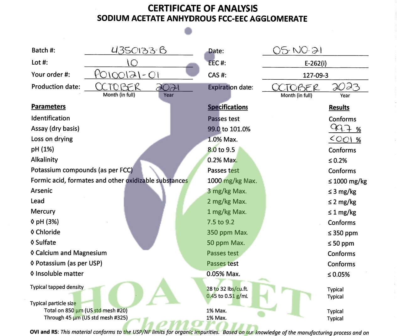 SODIUM ACETATE ANHYDROUS-Công Nghiệp – CÔNG TY TNHH HOA VIỆT CHEMGROUP