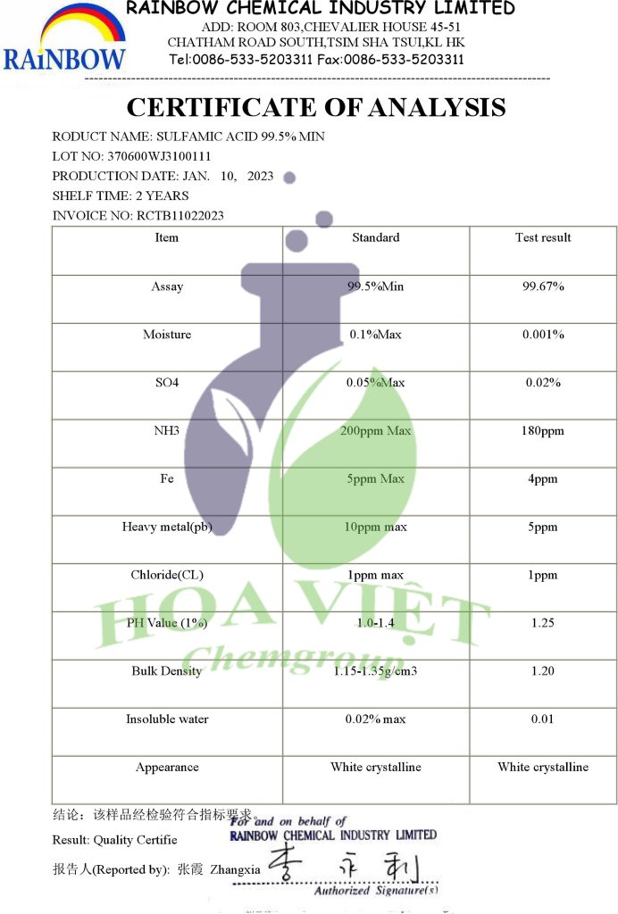 Sulfamic Acid – CÔNG TY TNHH HOA VIỆT CHEMGROUP